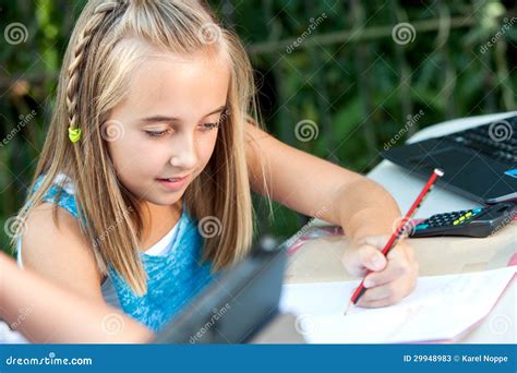 Cute Girl Doing Schoolwork Outdoors Stock Image Image Of Beautiful