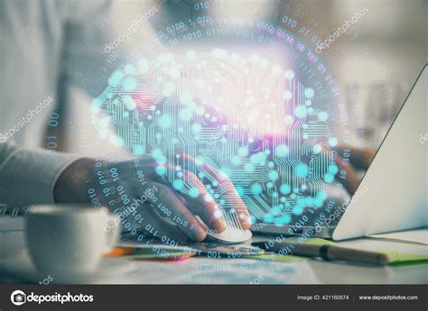 Man Typing Keyboard Background Brain Hologram Concept Big Data Stock
