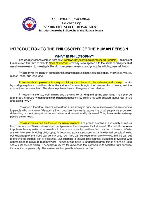 1st Quarter Reviewer Philosophy Aclc College Tacloban Tacloban City Senior High School