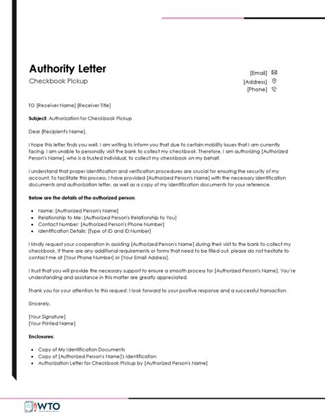 Authorization Letter For Checkbook Pickup Samples