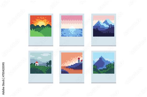 Polaroid Landscape Pixel Art Set Nature Photo Frame Collection 8 Bit