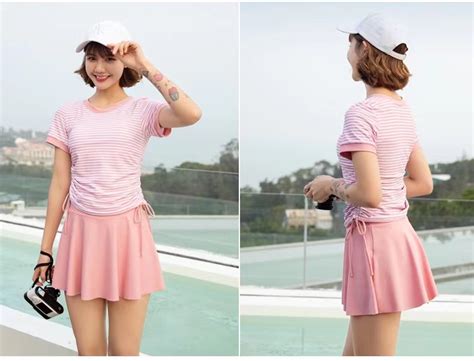 ชุดว่ายน้ำแฟชั่นผู้หญิงเสื้อแขนสั้น กระโปรง 2236 เสื้อลายทาง นื้อผ้าลื่นใส่สบาย Swimming Suit