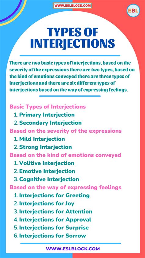 Types Of Interjections With Example Sentences English As A Second
