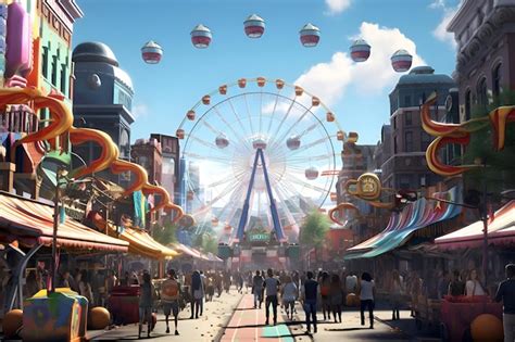 Premium Photo Amusement Park With Ferris Wheel And Crowd Of People