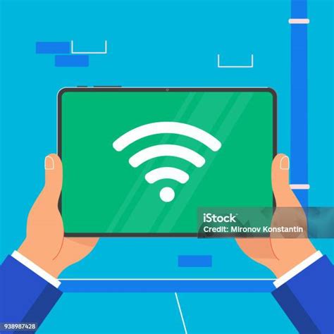 손을 잡고 검은 태블릿 벽 배경에서 분리 하는 장치 Wifi 기호 아이콘 기호 평면 디자인 벡터 일러스트와 함께 인간의 손에 패드 타블렛 거리에 무료 Wifi 신호의 개념