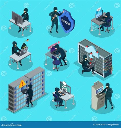 Isometric Hacking Activity Elements Set Stock Vector Illustration Of