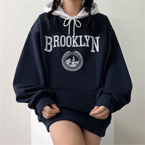 빅사이즈커플룩 남여공용 박스 오버핏 빈티지 브루클린 배색 후드티 4color 에이블리