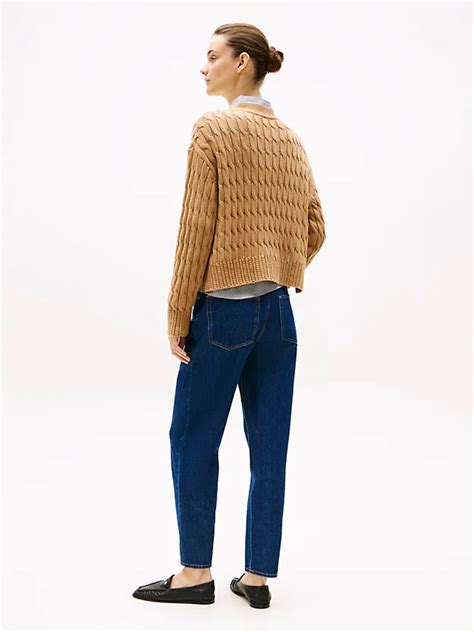 Rundhals Pullover Im Zopfstrick Design Braun Tommy Hilfiger