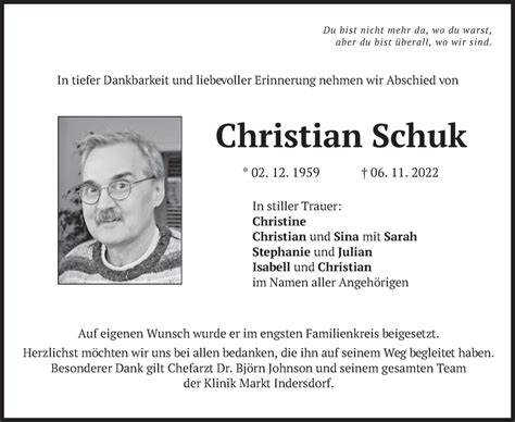 Traueranzeigen Von Christian Schuk Trauermerkurde