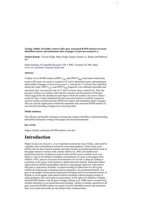 Pdf Testing Validity Of Fertility Restorer Rf Gene Associated Rapd