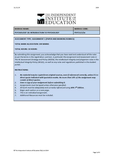 Psyc5122 Assignment 1 © The Independent Institute Of Education Pty