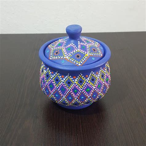 خرید و قیمت قندان سفالی نقطه کوبی شده هنرکده سدنا رنگ آبی طرح خمره ایی