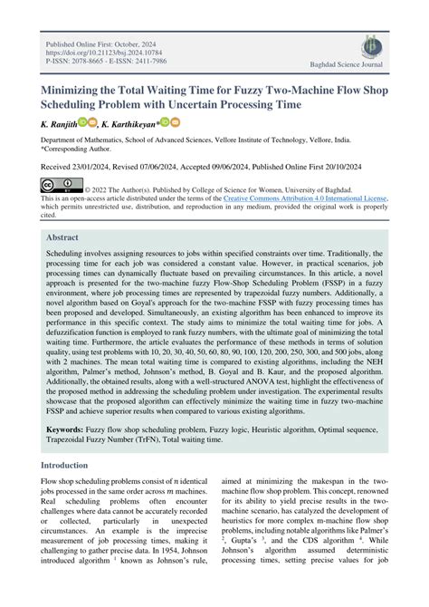 Pdf Minimizing The Total Waiting Time For Fuzzy Two Machine Flow Shop Scheduling Problem With