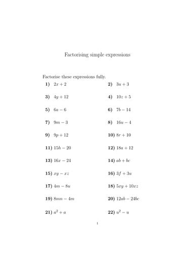 Factorising Simple Expressions Worksheet No 2 With Solutions