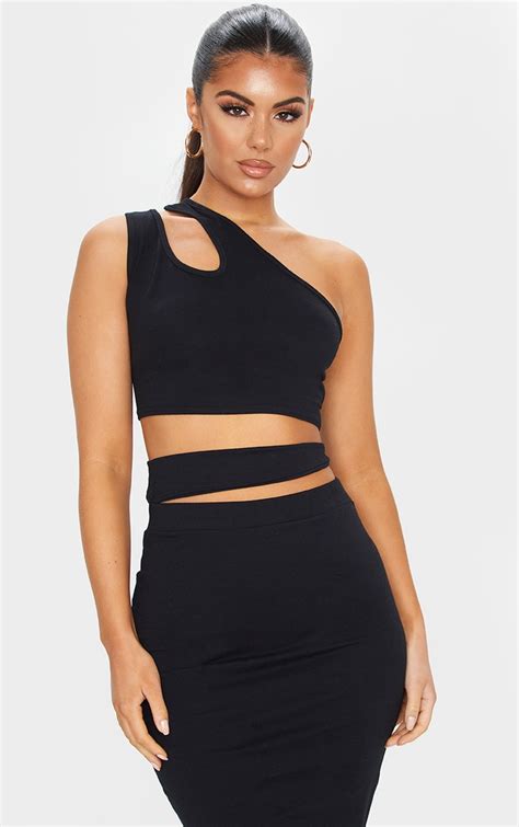 Black Cotton One Shoulder Cut Out Crop Top Prettylittlething