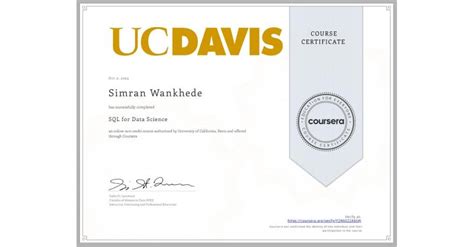 Completion Certificate For Sql For Data Science Simran Wankhede