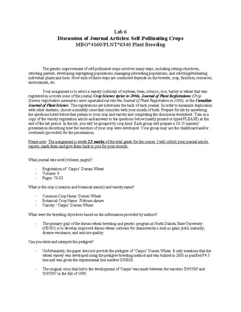 MBG 4160 Lab6 Handout Lab 6 Discussion Of Journal Articles Self