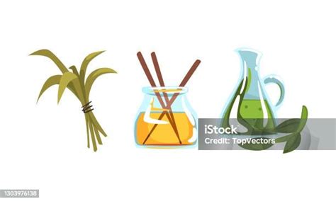 스파 심볼 세트 아로마 스틱 오일 병 치유 허브 자연 치료 스킨 케어 미용 절차 바디 웰빙 만화 벡터 일러스트 대체 요법에 대한