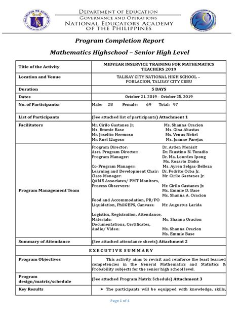 Sample Program Completion Report Pdf Cognition Teaching Mathematics