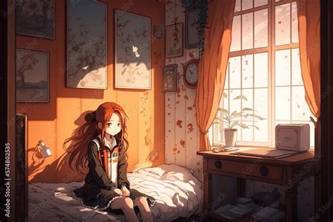 Anime Girl Sitting On Bed In Her Bedroom Ai Generated Image Stock