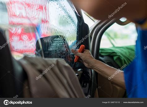Technician Installing Car Window Tint Car Window Tinting Series Car Stock Photo By Jookiko