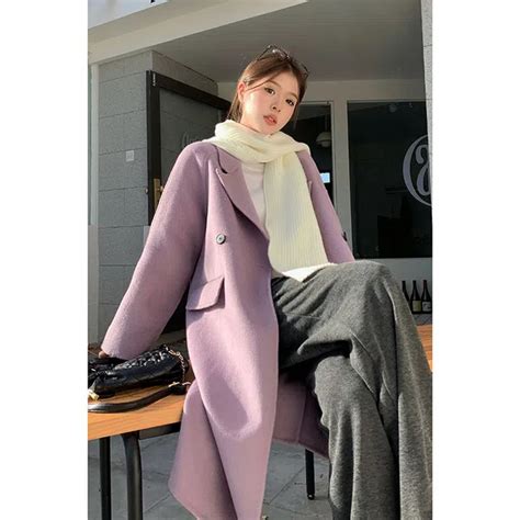 [해외배송] 연보라 유니크 컬러 포멀 핏 와이드 카라 원 더블 버튼 긴 팔 롱 코트 여친룩 데이트룩 일상룩 데일리룩 컬러감 예쁜 여자 옷 쇼핑몰