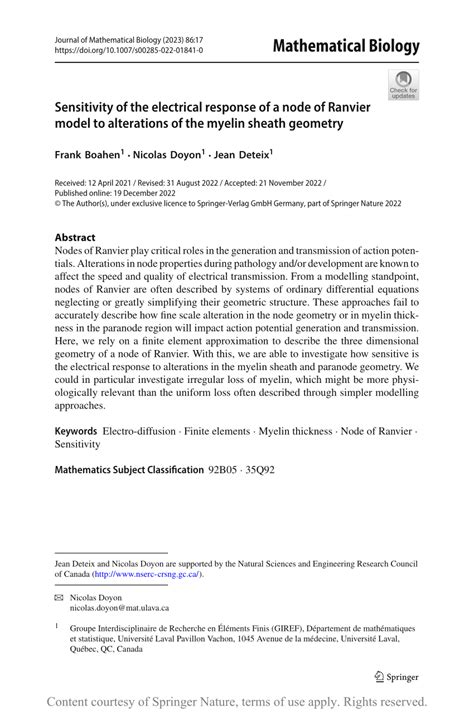 Sensitivity Of The Electrical Response Of A Node Of Ranvier Model To Alterations Of The Myelin