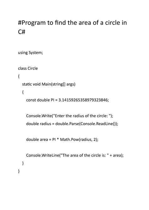 Circle Area C Program To Find The Area Of A Circle In C Using System Class Circle