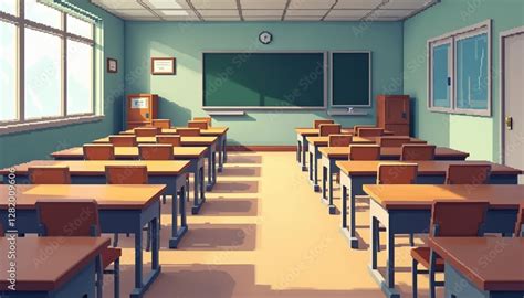 Empty Pixel Art Classroom Background Illustration Organized School With Desks Chairs