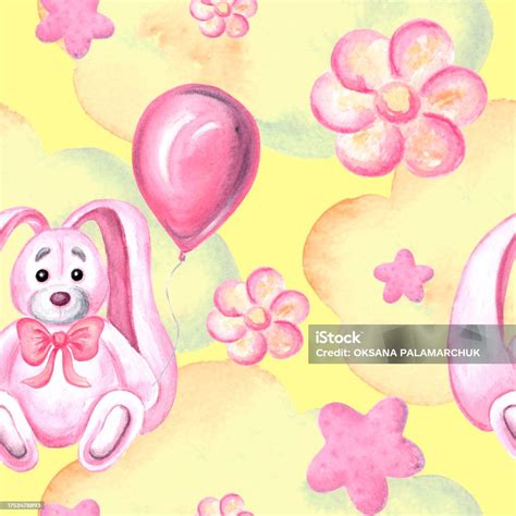 구름 배경에 풍선 별 꽃이 있는 테디 토끼의 매끄러운 패턴은 다양한 디자인 배경 장식 어린이 생일 및 파티 직물을 위한 수채화 손으로 그린 그림입니다 가리기에 대한 스톡