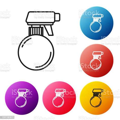 흰색 배경에 고립 된 물 아이콘과 검은 선 미용사 권총 스프레이 병 아이콘 다채로운 원 버튼을 설정합니다 벡터 일러스트레이션 가사 집안일에 대한 스톡 벡터 아트 및 기타