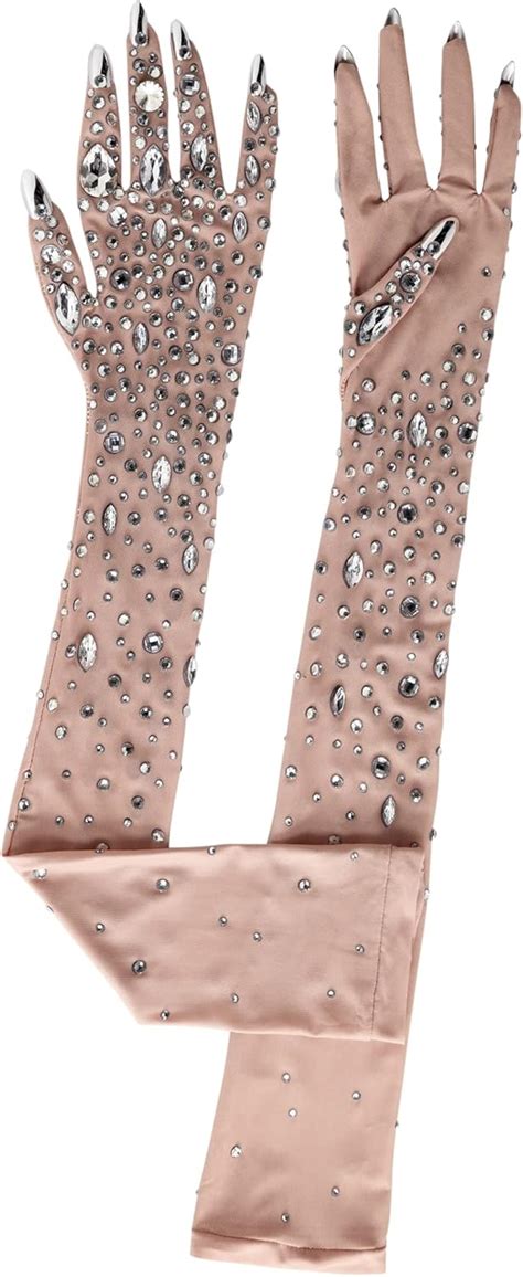 Yuantong Rhinestone Sparkly Gloves Women Long Glitter Mesh