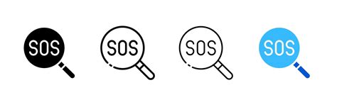 Sos Vergrootglas Icoon Set Silhouette Lineaire En Platte Stijl Vector