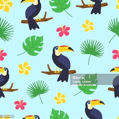 Toucan 패턴입니다 인쇄 배너 포스터 서식 파일에 대 한 이국적인 열 대 질감입니다 열 대 완벽 한 패턴입니다 만화 낙서 배경입니다 벡터 일러스트 관목에 대한 스톡 벡터