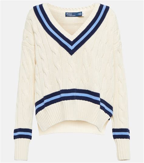 Polo Ralph Lauren Cricket Striped Cable Knit Cotton Sweater In Neutrals