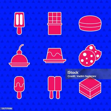 푸딩 커스터드 아이스크림 브라우니 초콜릿 케이크 쿠키 또는 비스킷 체리 치즈 케이크 마카롱 쿠키 및 아이콘을 설정합니다 벡터