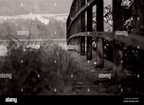 A Grayscale Shot Of A Side Of A Bridge And Grass With Lake In The