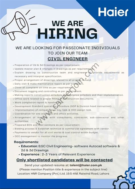 Haier Pakistan Jobs Civil Engineer