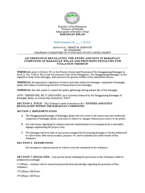 Draft Ordinance For Entrance And Exit Pdf Local Ordinance Repeal