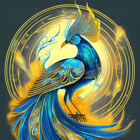 Blue Illustrated Peacock With Black Background And Golden Circle Stock