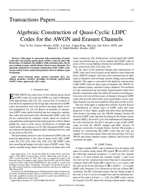 Pdf Algebraic Construction Of Quasi Cyclic Ldpc Codes For The Awgn
