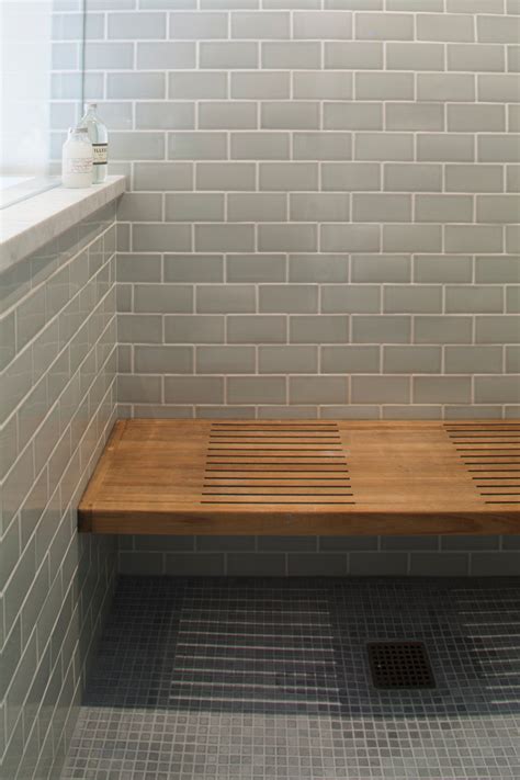 Wooden Shower Bench With Blue Tile Traditional Bathroom San