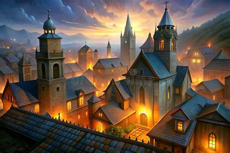 Night Old Medieval City With Residential Buildings Cathedrals Bell
