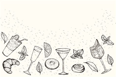 알콜 칵테일과 맛있는 달콤한 롤빵 손으로 그린 벡터 그림 칵테일 스케치 세트 새겨진 스타일 핸드 민트 잎 개체 그룹에 대한 스톡 벡터 아트 및 기타 이미지 Istock