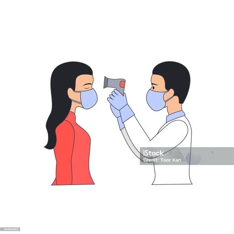 체온 검사 아이콘 의사가 비접촉 온도계를 손에 들고 있습니다 얼굴에 마스크 코로나바이러스 예방 발열 검사 벡터 디자인 체온 검사
