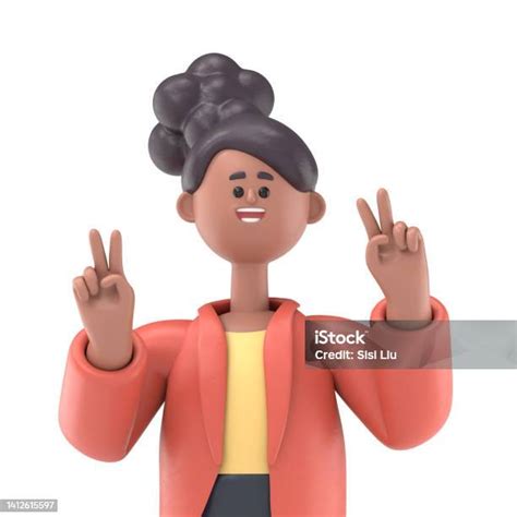 웃는 아프리카 계 미국인 여성 코코의 3d 삽화는 평화 표시 승리 상징 두 번째 성공적인 사람을하는 손가락을 보여줍니다 흰색