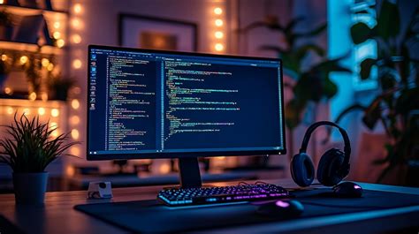 Computer Monitor With Code On The Screen A Keyboard A Mouse And A Headset On A Desk Premium Ai