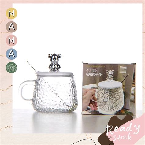 Ins Cute Bear Glass With Stainless Steel Spoon And Bear Lip Milk Glass