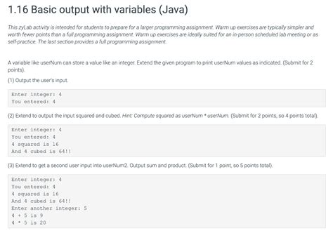 Solved 116 Basic Output With Variables Java This Zylab