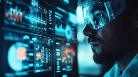 Scientist Futuristic Laboratory Analyzing Data Multiple Computer
